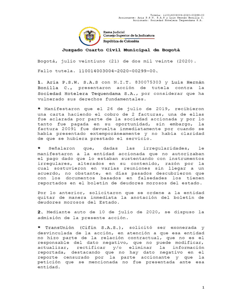 2020-00299 Fallo Aria PSW SAS | PDF | Justicia | Crimen y violencia