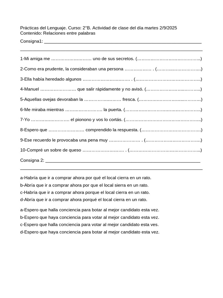 Actividad de Clase 2do B Relaciones Entre Palabras | PDF