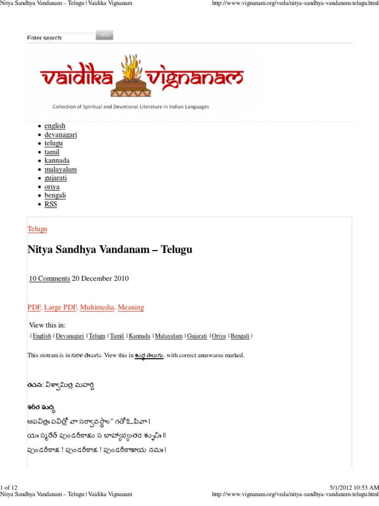 Nitya Sandhya Vandanam - Telugu - Vaidika Vignanam | PDF