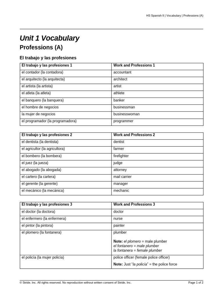 Vocab List - Professions | PDF