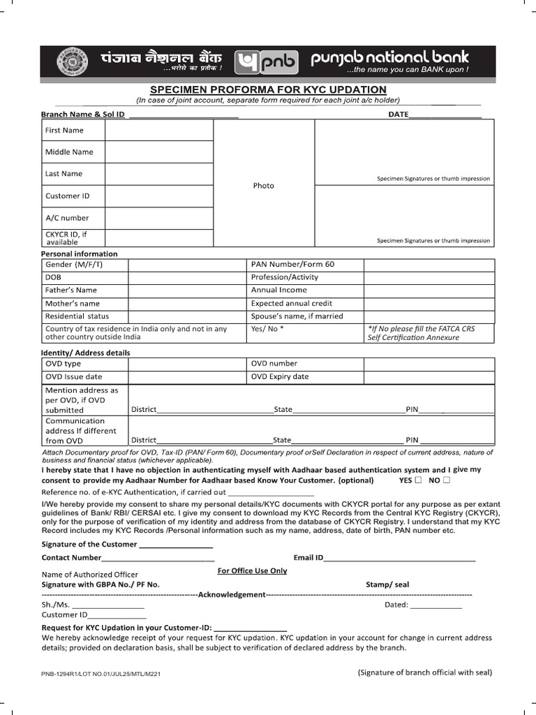 Specimen Proforma For Kyc Updation | PDF
