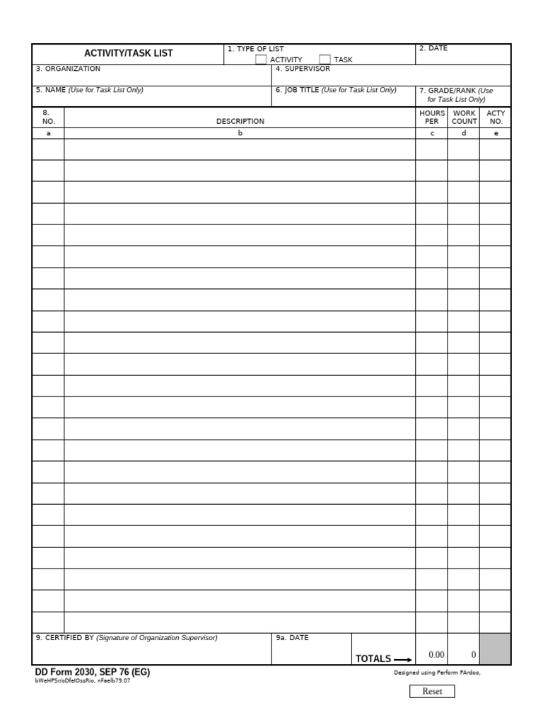 Main Dd Form 2030 Activity Task List (1) | PDF