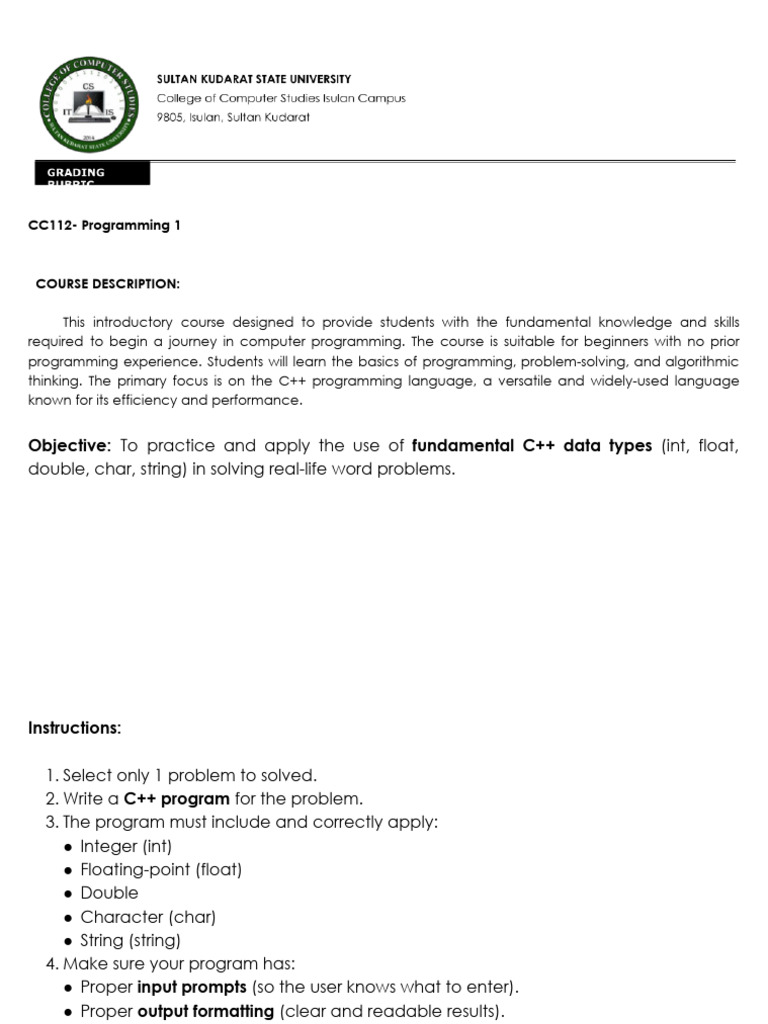 Grading Rubric - Exploring Data Type in C | PDF | Computer Program | Programming