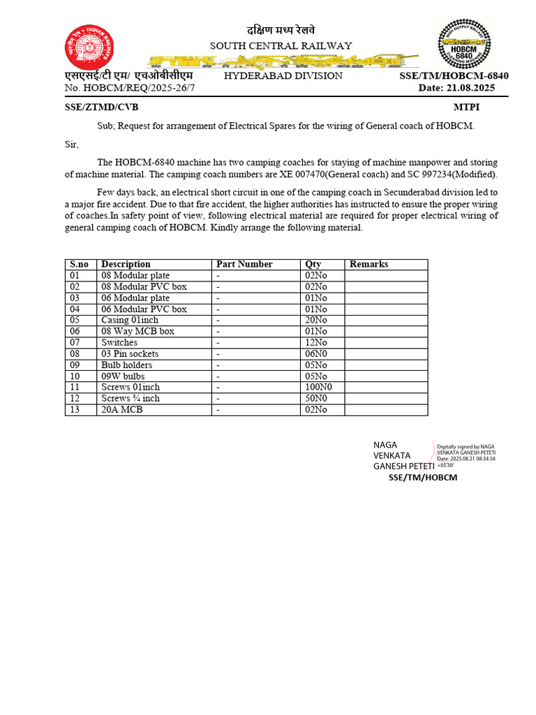 Request for Electrical Spares - HOBCM | PDF | Equipment | Wire