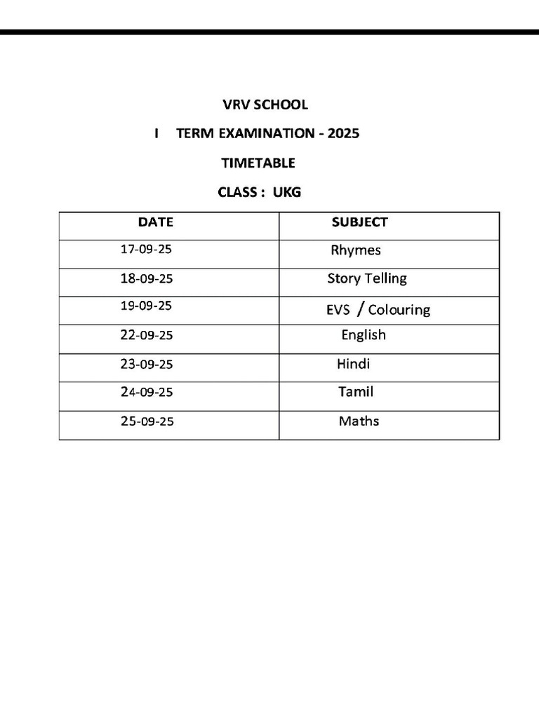 1 TERM EXAM Time Table & Portions - UKG | PDF