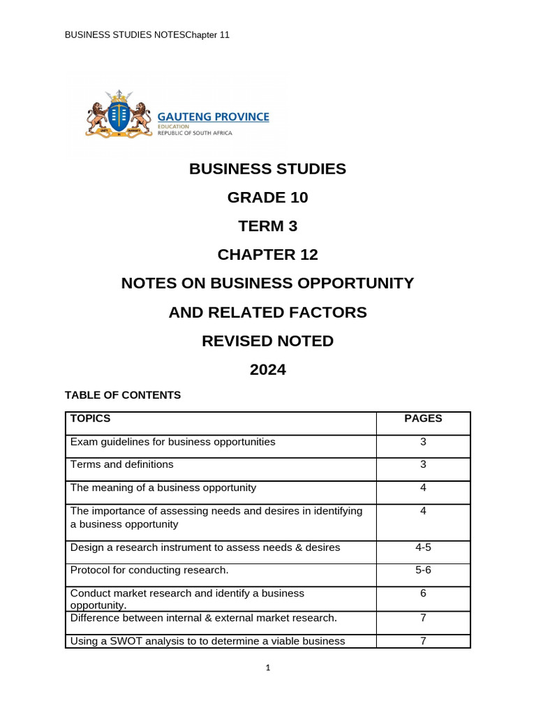 Teacher's Chapter 12 Notes Business Opportunities | PDF | Swot Analysis ...