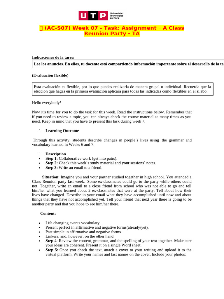 ? (AC-S07) Week 07 - Task Assignment - A Class Reunion Party - TA (INGLES 4) | PDF | Writing ...