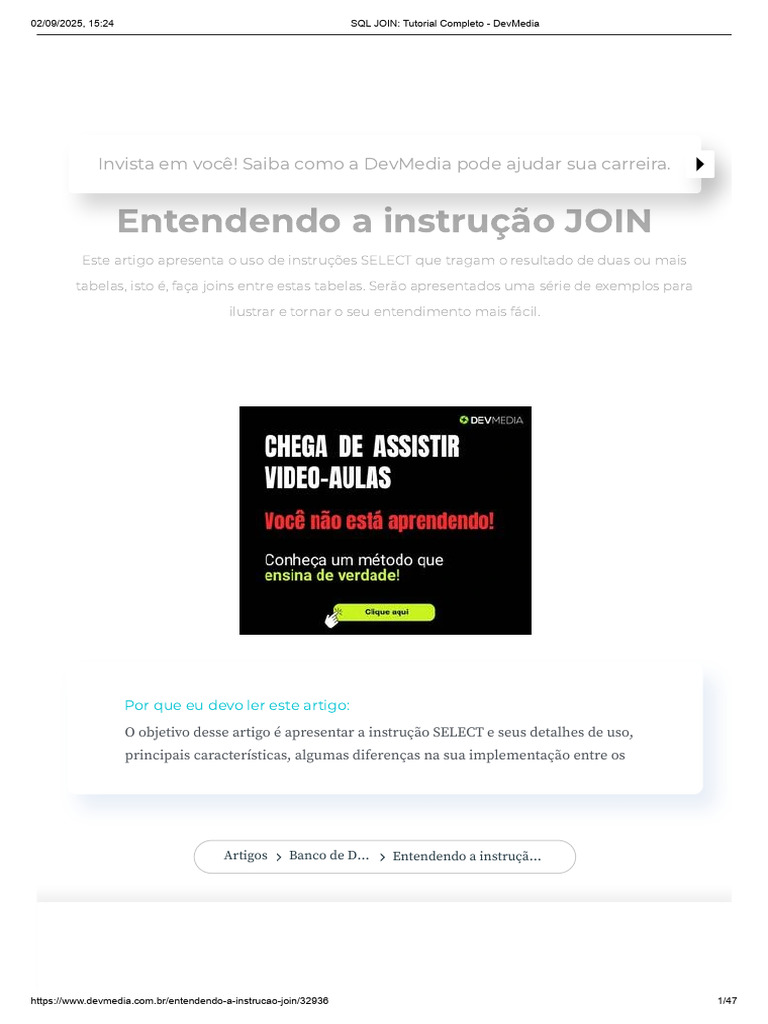SQL JOIN - Tutorial Completo - DevMedia | PDF | Tabela (banco de dados ...