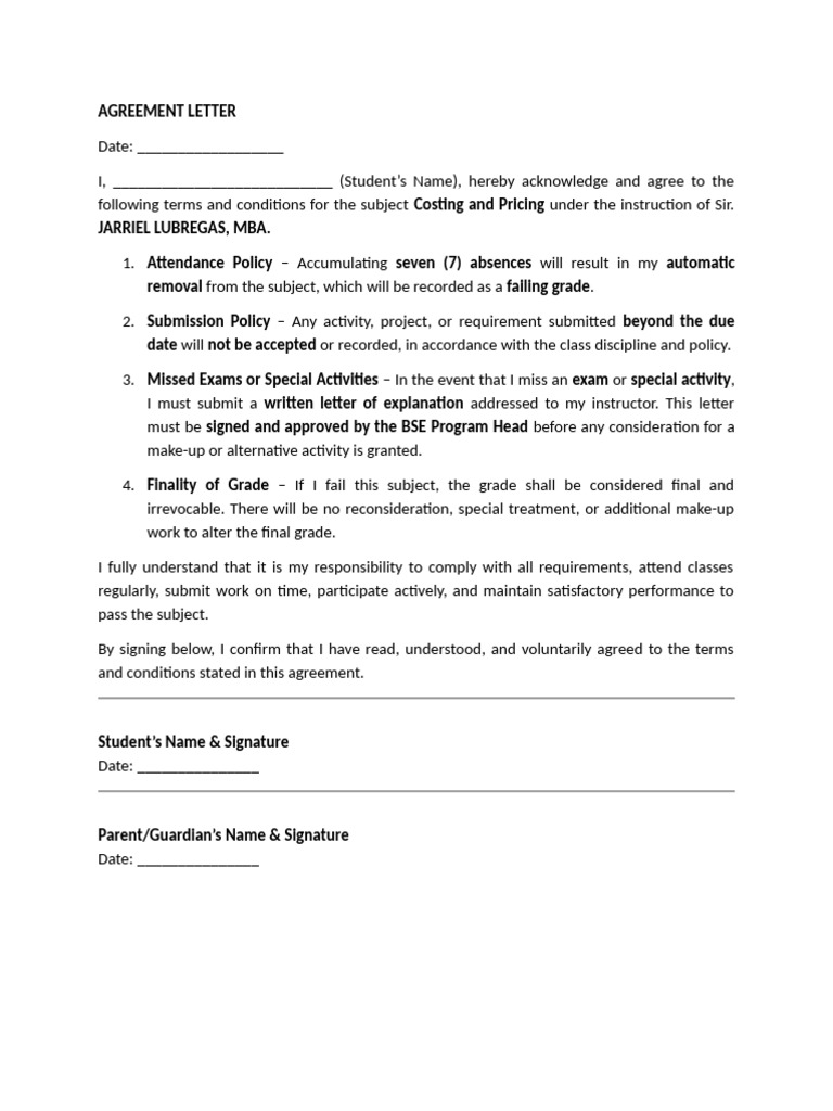 Costing and Pricing Agreement Letter | PDF
