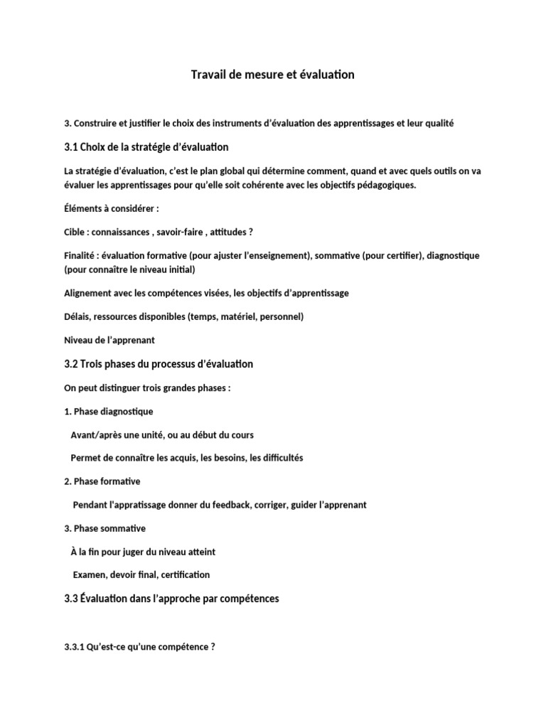 Travail de Mesure Et Évaluation Corriger | PDF | Apprentissage | Pédagogie