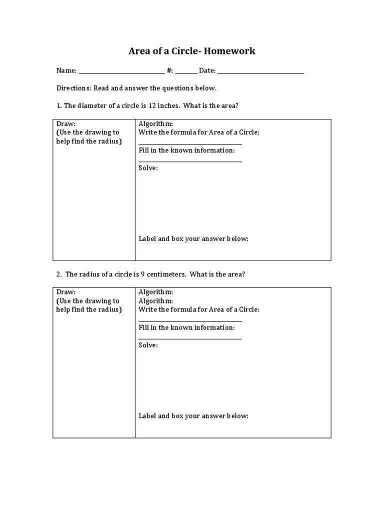 Area of a Circle Homework Guide | PDF