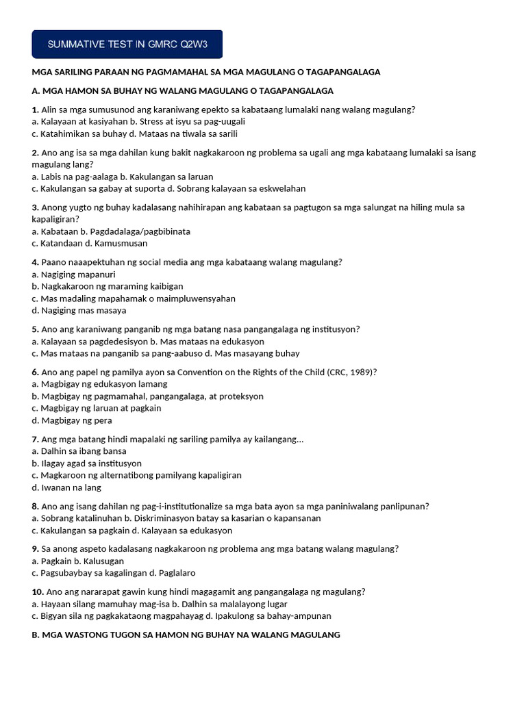 GMRC Summative Test | PDF