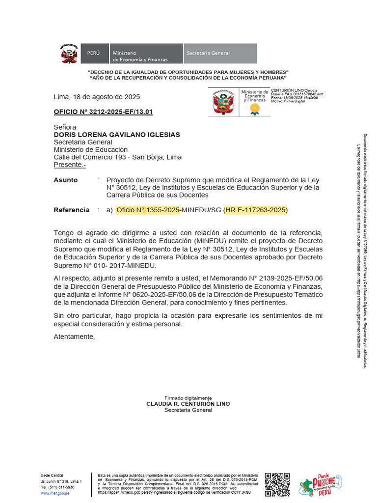 RESPUESTA DEL MEF AL MINEDU Sobre Proyecto de Reglamento de Ley 31653 ...