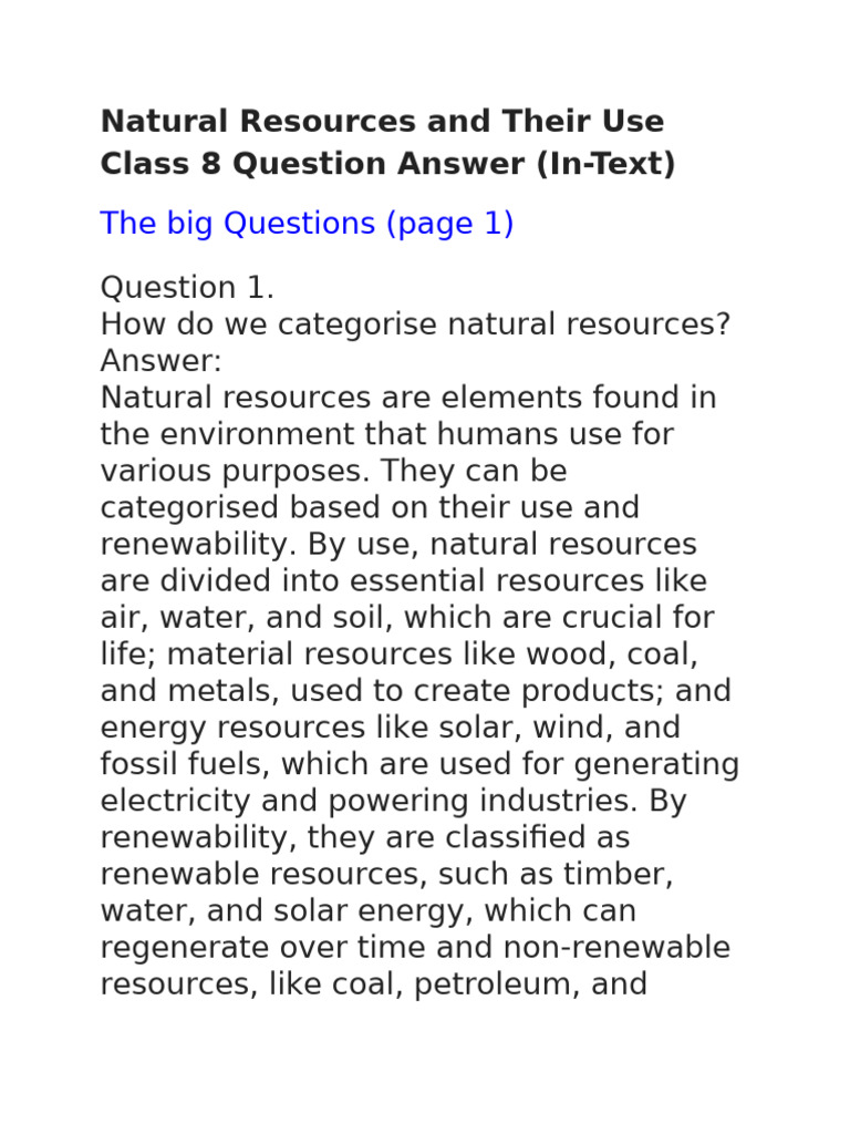 Natural Resources and Their Use Class 8 Question Answer | PDF ...