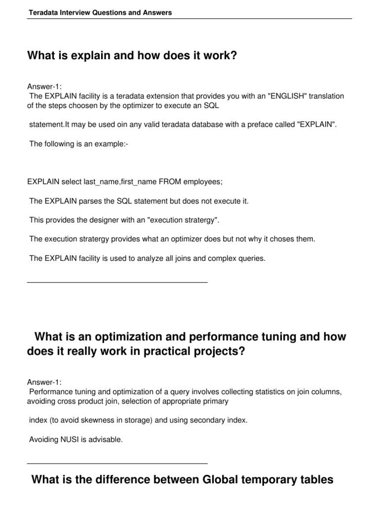 3 Teradata Interview Questions and Answers | PDF | Financial Transaction | Table (Database)