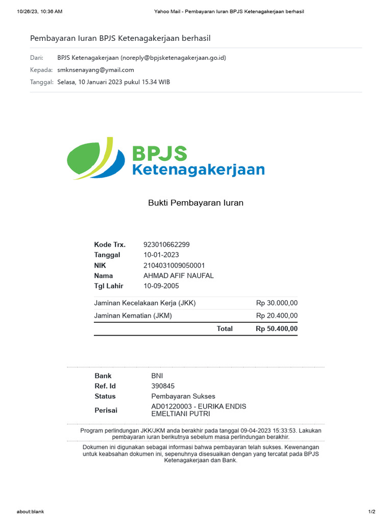 Bukti Bpjs Siswa PKL 2023 | PDF