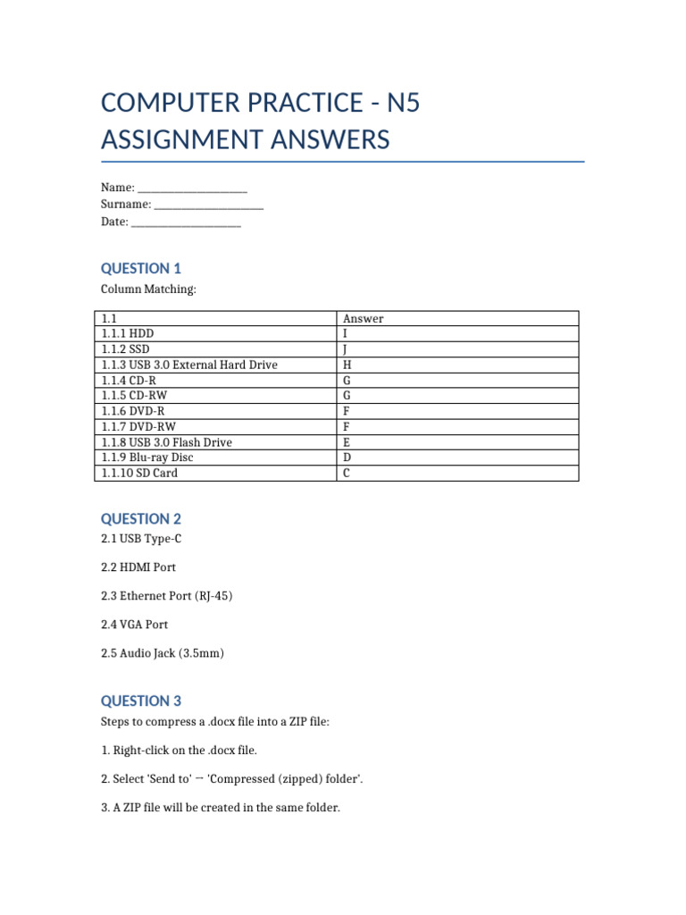 N5 Computer Practice Assignment Answers | PDF | Laptop | Usb