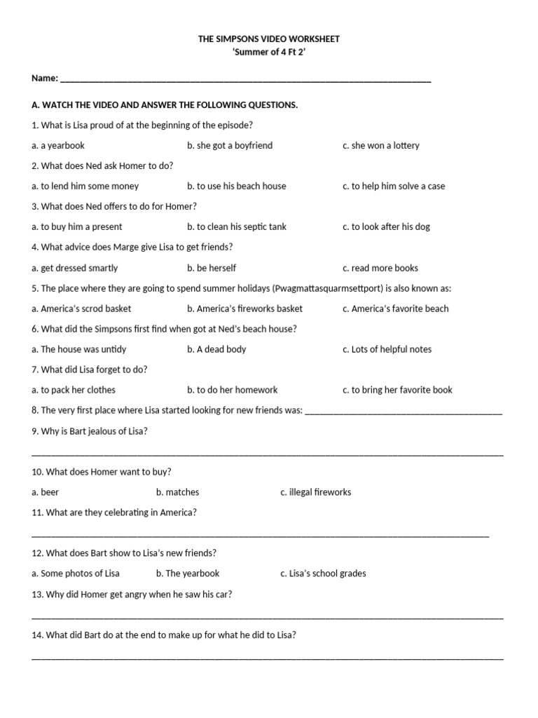 Simpsons Video Worksheet: Summer Episode | PDF | Television Episodes ...