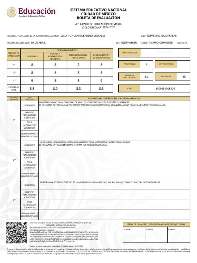 Boleta de Evaluación Primaria 2024-2025 | PDF | Aprendizaje