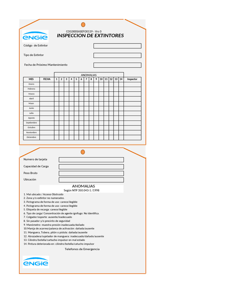 Tarjeta de Inspección de Extintores-ENGIE-SIERRA | PDF