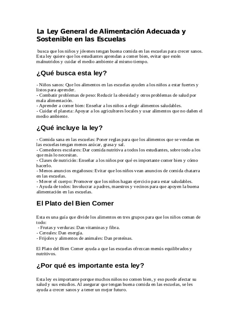 Ley General de La Alimentación Adecuada y Sostenida en Las Escuelas ...