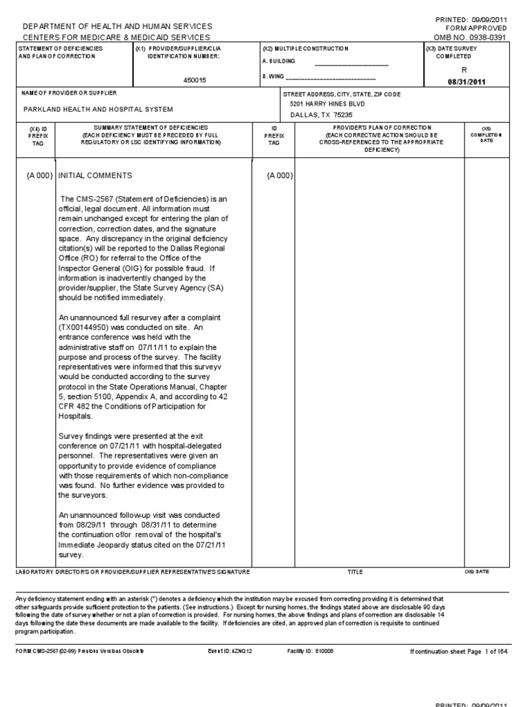 CMS Statement of Deficiencies On Parkland After Failing Reinspection On ...