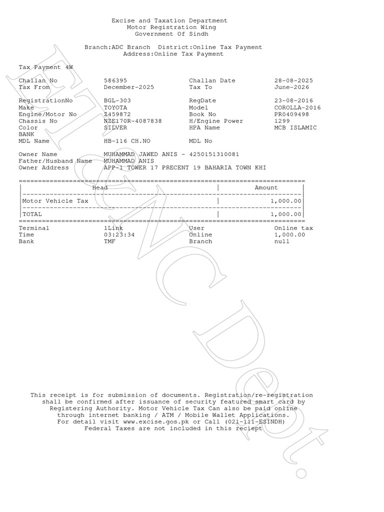 Online Motor Vehicle Tax Receipt | PDF