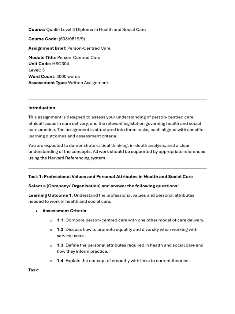 Assignment Brief Person-Centred Care | PDF | Autonomy | Empathy