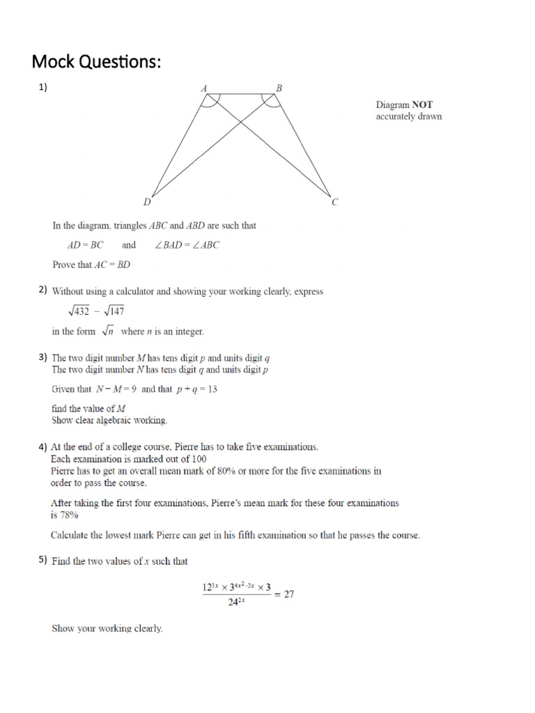 Math-B P1 Mock QP 2 | PDF