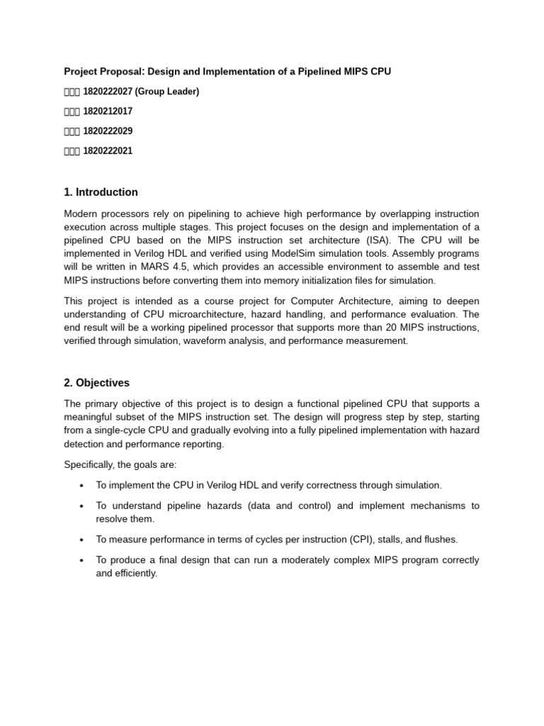 Project Proposal: Design and Implementation of A Pipelined MIPS CPU | PDF | Central Processing ...