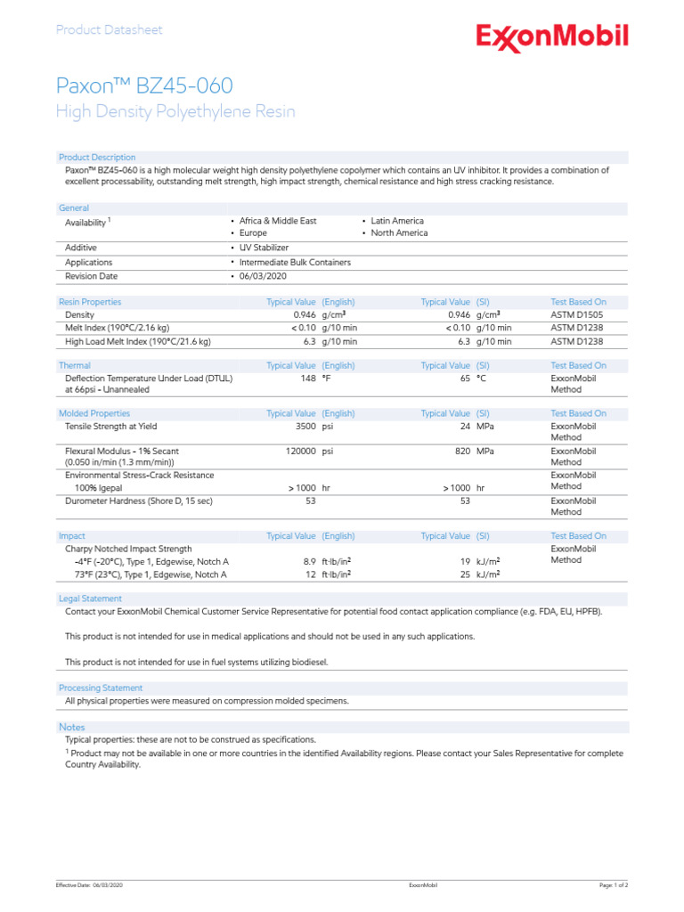 ExxonMobil™ HDPE HD BZ45-060 IF 0,10 - 0,946 | PDF