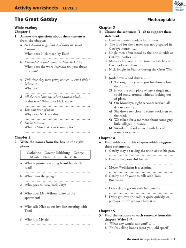 Great Gatsby Activity Worksheets | PDF | The Great Gatsby