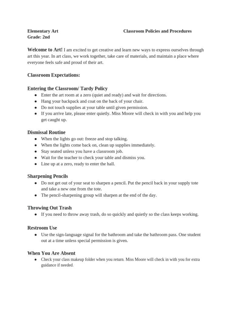 2nd Grade Art Class Policies & Procedures | PDF | Classroom | Learning