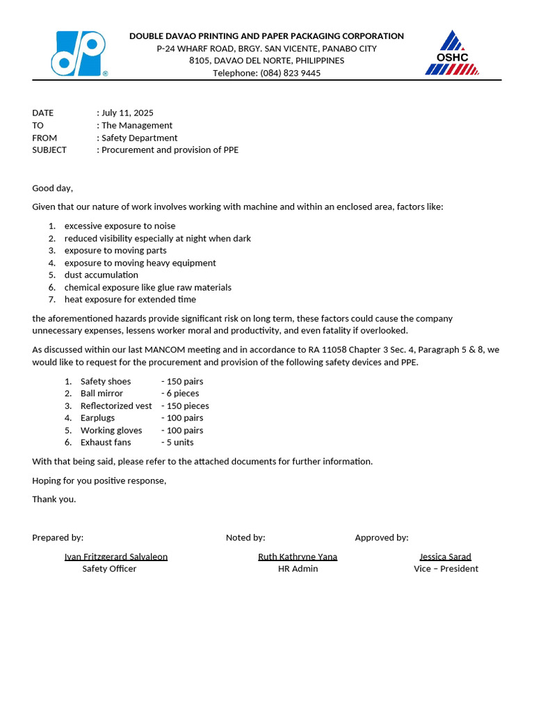 PPE Procurement Request for Safety Compliance | PDF