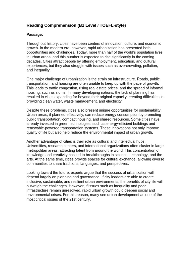 Reading Comprehension TOEFL 2 | PDF | City | Urbanization