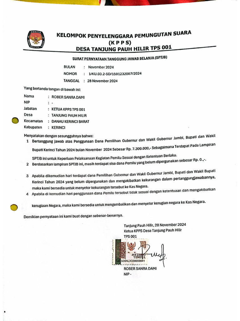 LPJ Honorium KPPS Dan PAM TPS Desa Tanjung Pauh Hilir | PDF