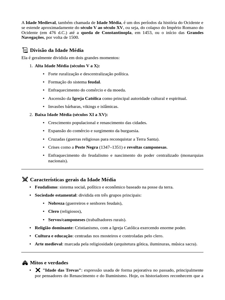 Características da Idade Média e Suas Divisões | PDF