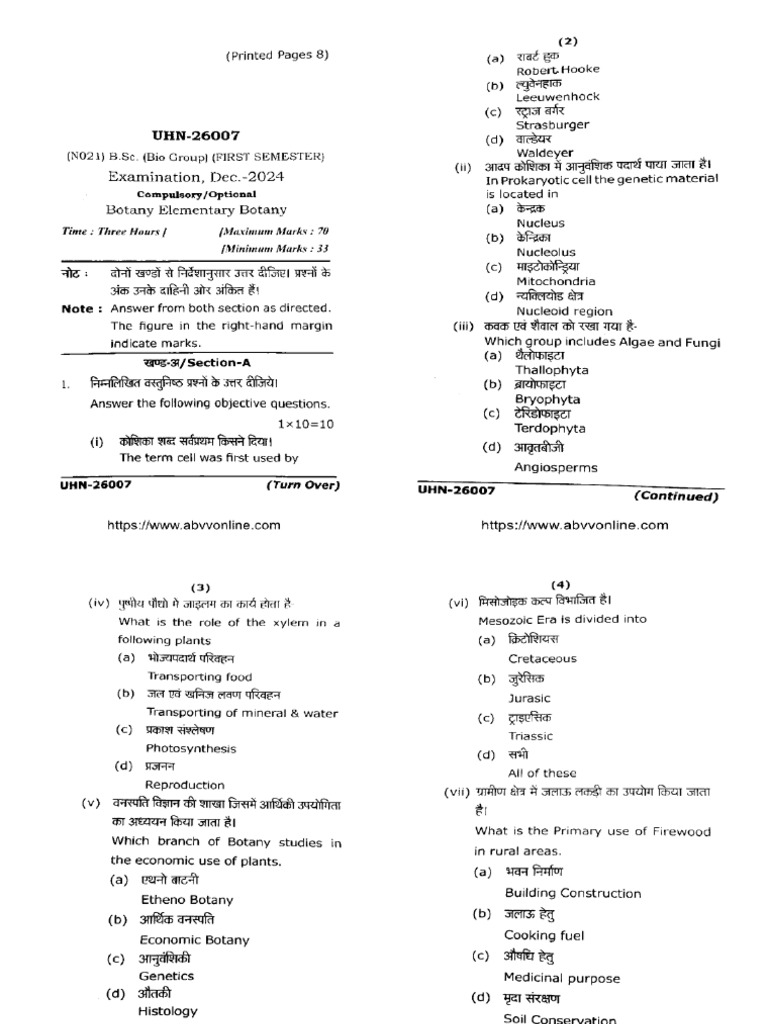 BSC 1 Sem Botany Elementary Botany Uhn 26007 Dec 2024 | PDF