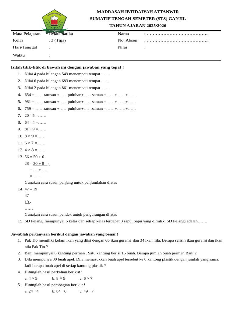 Soal Matematika Kelas 3 | PDF