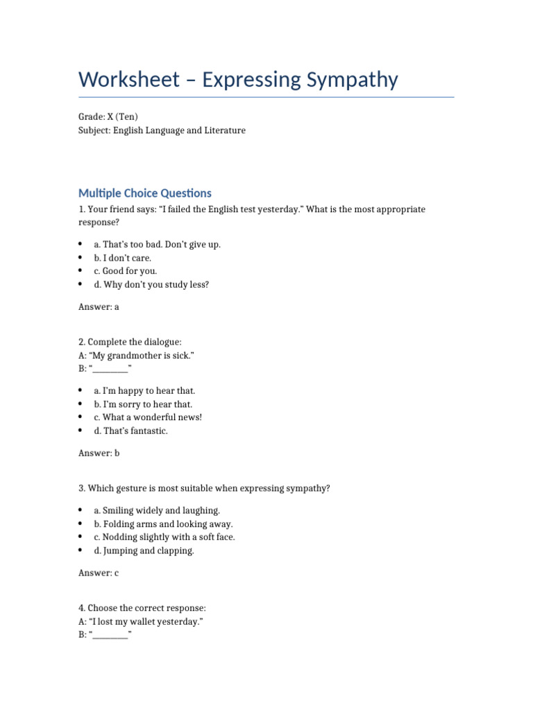 Sympathy Expression Worksheet for Students | PDF