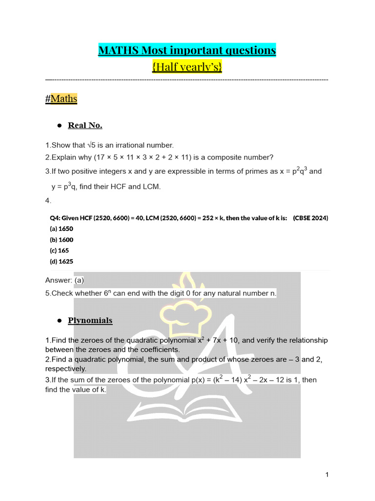 MATHS Most Important Questions | PDF | Numbers | Polynomial