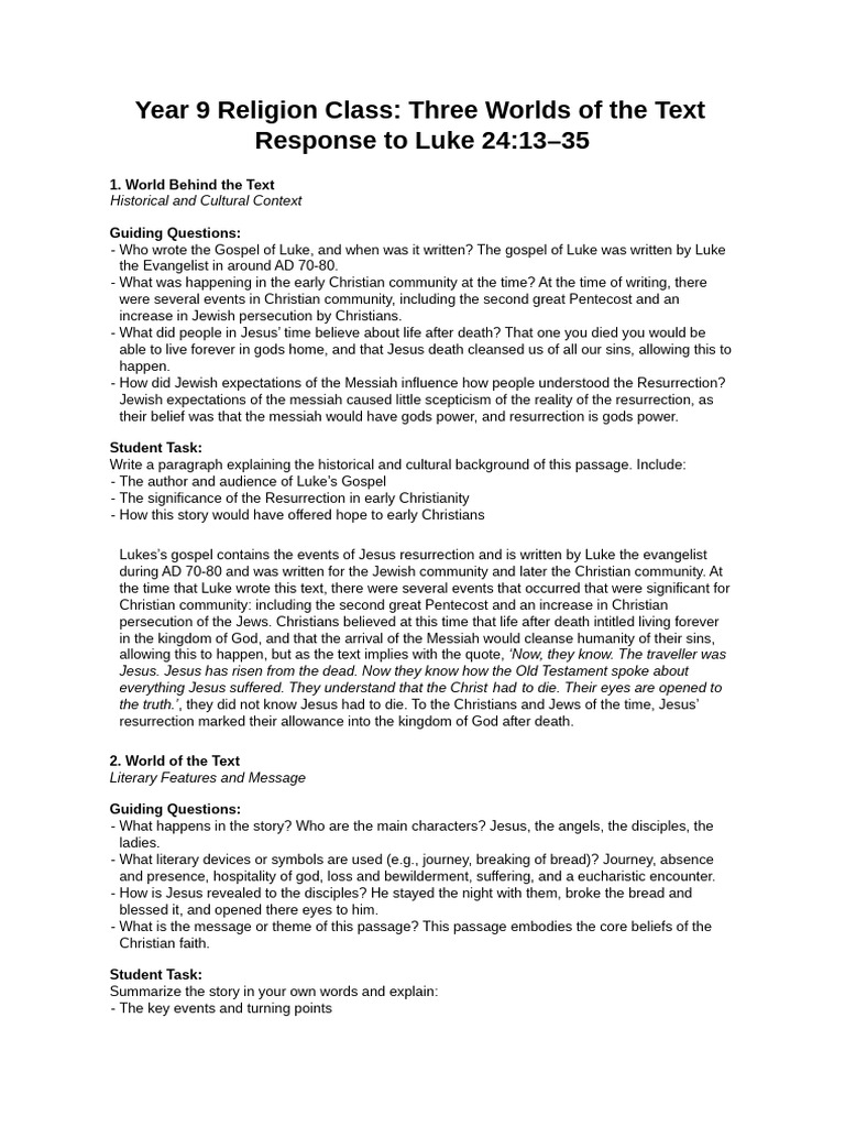 Year 9 Religion Class Three Worlds of The Text Response-1 | PDF | Jesus ...
