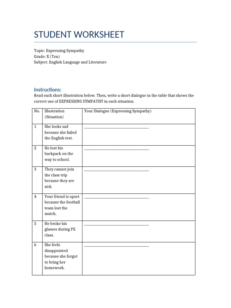 Sympathy Expressions Worksheet for Students | PDF