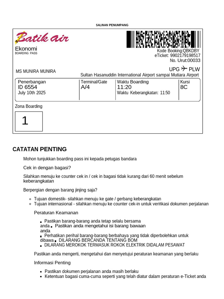 Panduan Boarding Pass dan Keamanan Pesawat | PDF
