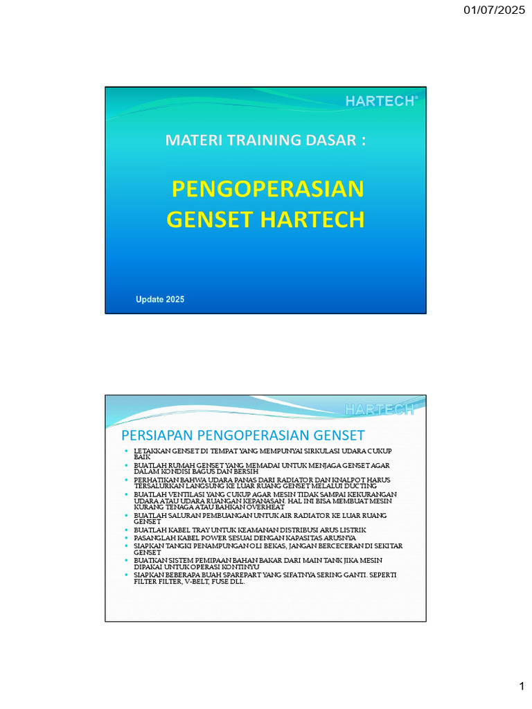 Pengoperasian Dan Pemeliharaan Genset (Basic Training) | PDF