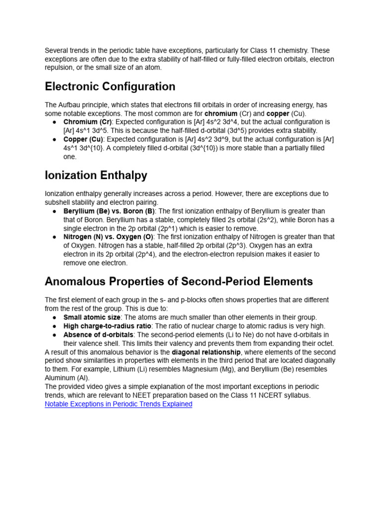 All Exceptions in Periodic Table Class 11 | PDF | Electron Configuration | Periodic Table