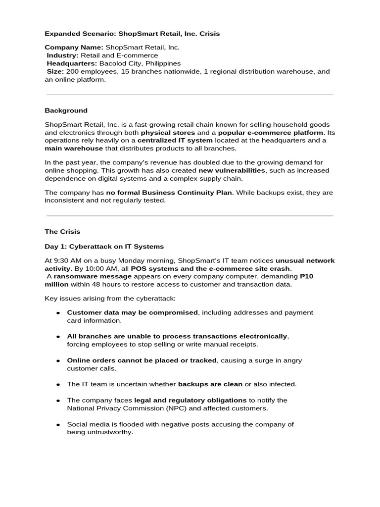 BCP Development for ShopSmart Crisis | PDF | Business
