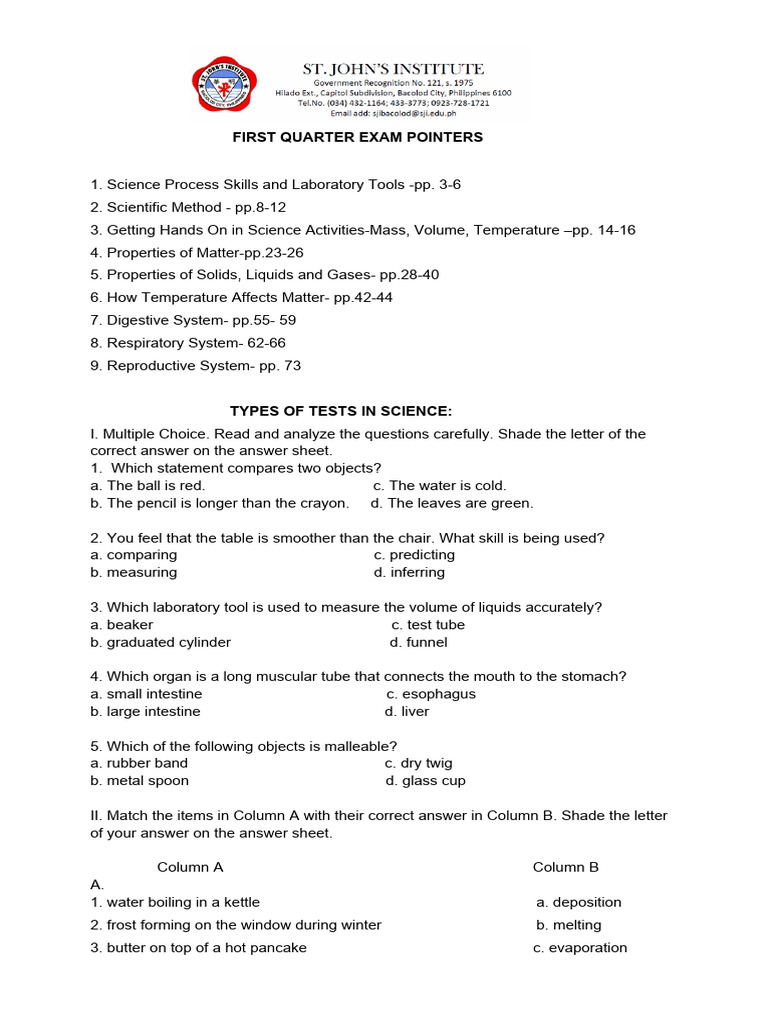 First Quarter Exam Pointers | PDF | Liquids | Water
