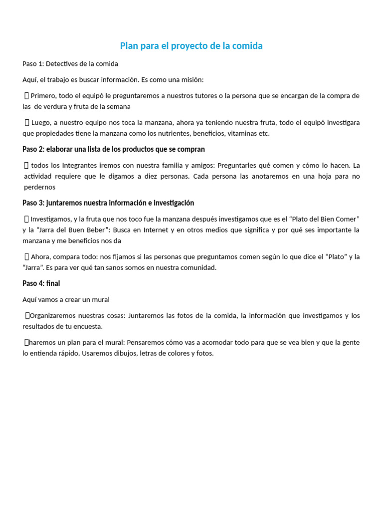 Plan para El Proyecto de La Comida: Paso 2: Elaborar Una Lista de Los ...