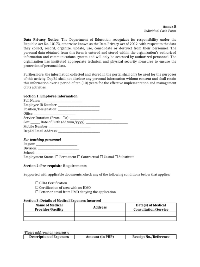 Individual Cash Claim Form - Annex B | PDF | Information